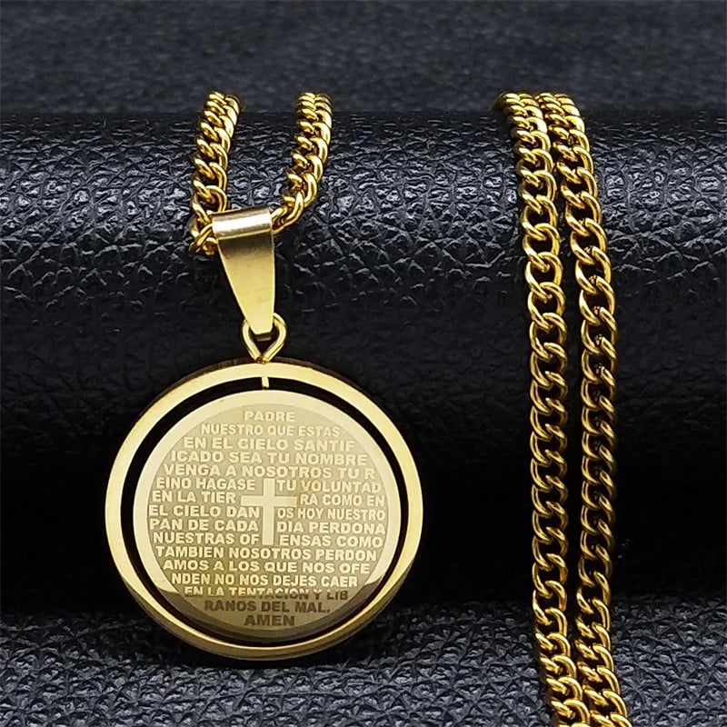 Christian Bible Lords Prayer Cross Pendant Necklace14K Yellow Gold Spanish Necklaces Religious ...