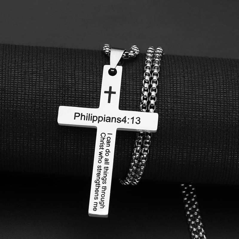 Christian Bible Verse Cross Pendant Necklace 14K White Gold Religious ...