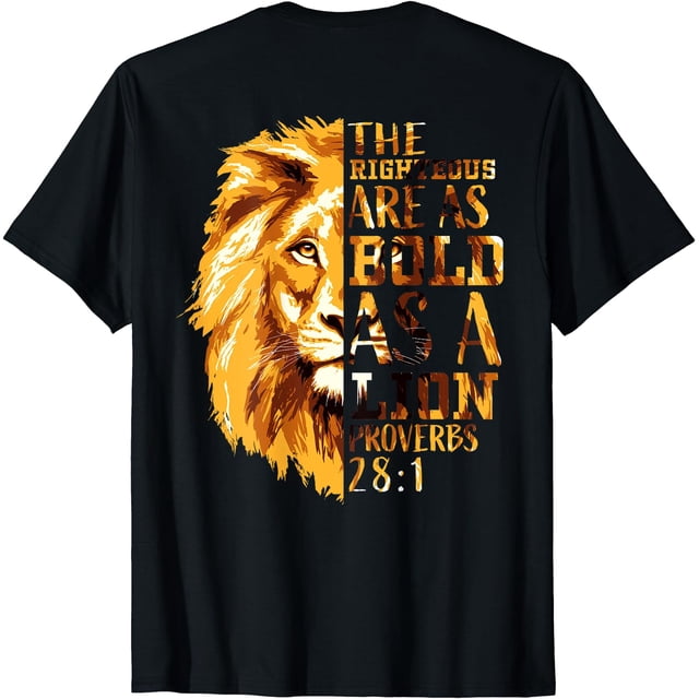 Christian Bible Verse Gifts Proverbs 28 Lion Graphic on Back T-Shirt ...