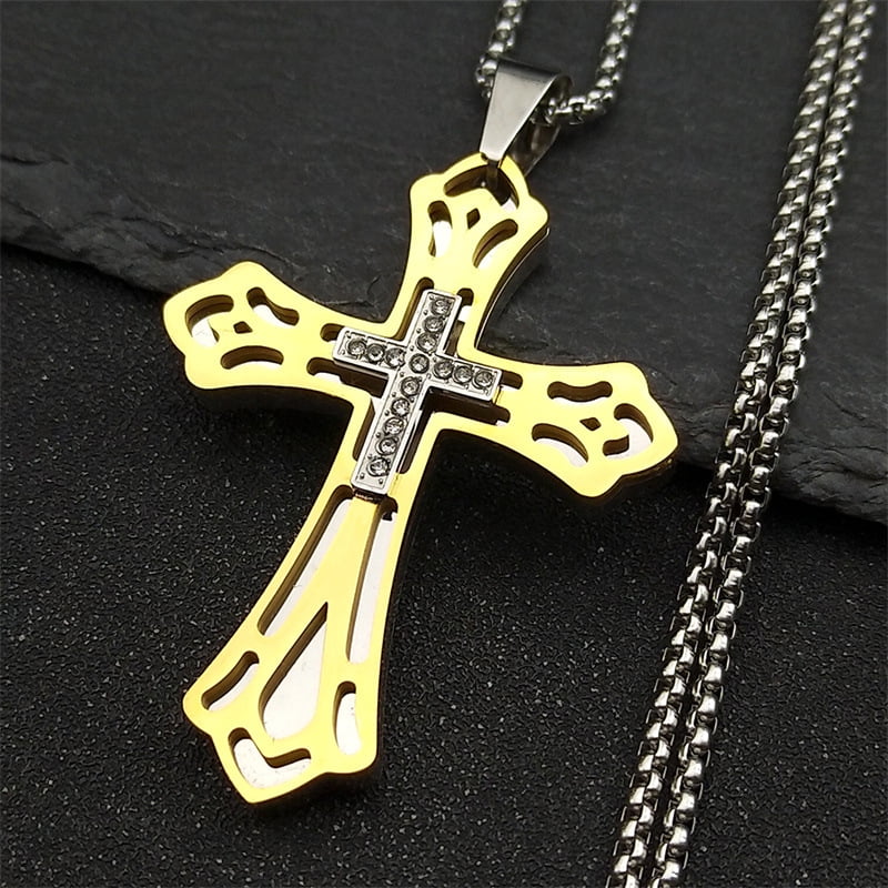 Christian Big Cross Pendant Necklace 14K Yellow Gold Male Golden Color ...