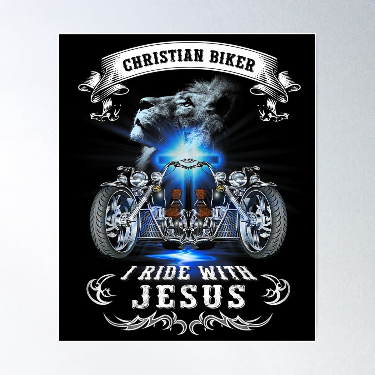 Christian Biker Ride With Jesus Old Motorcycle Blue Cross Poster Wall ...