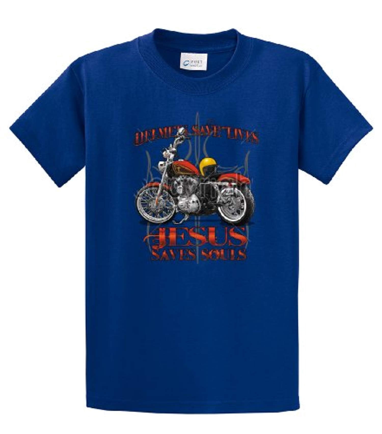 Christian Biker Short Sleeve T-shirt Helmets Save Lives Jesus Saves ...