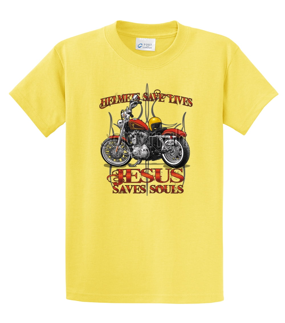 Christian Biker Short Sleeve T-shirt Helmets Save Lives Jesus Saves ...