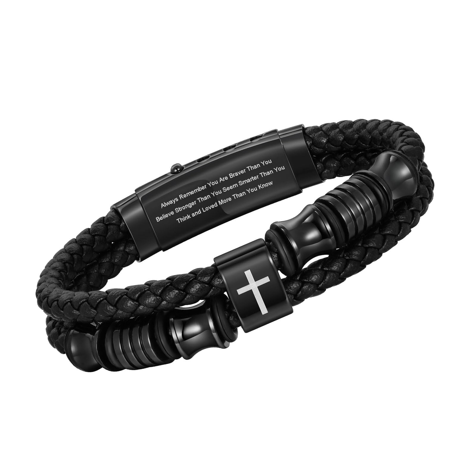 Christian Black Leather Bracelet for Men, Double Row Braided Leather ...