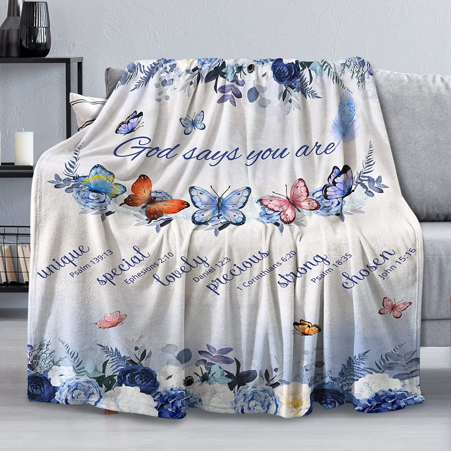 Christian Blanket for Women, Blue Rose Butterfly Ultra Soft Religious ...