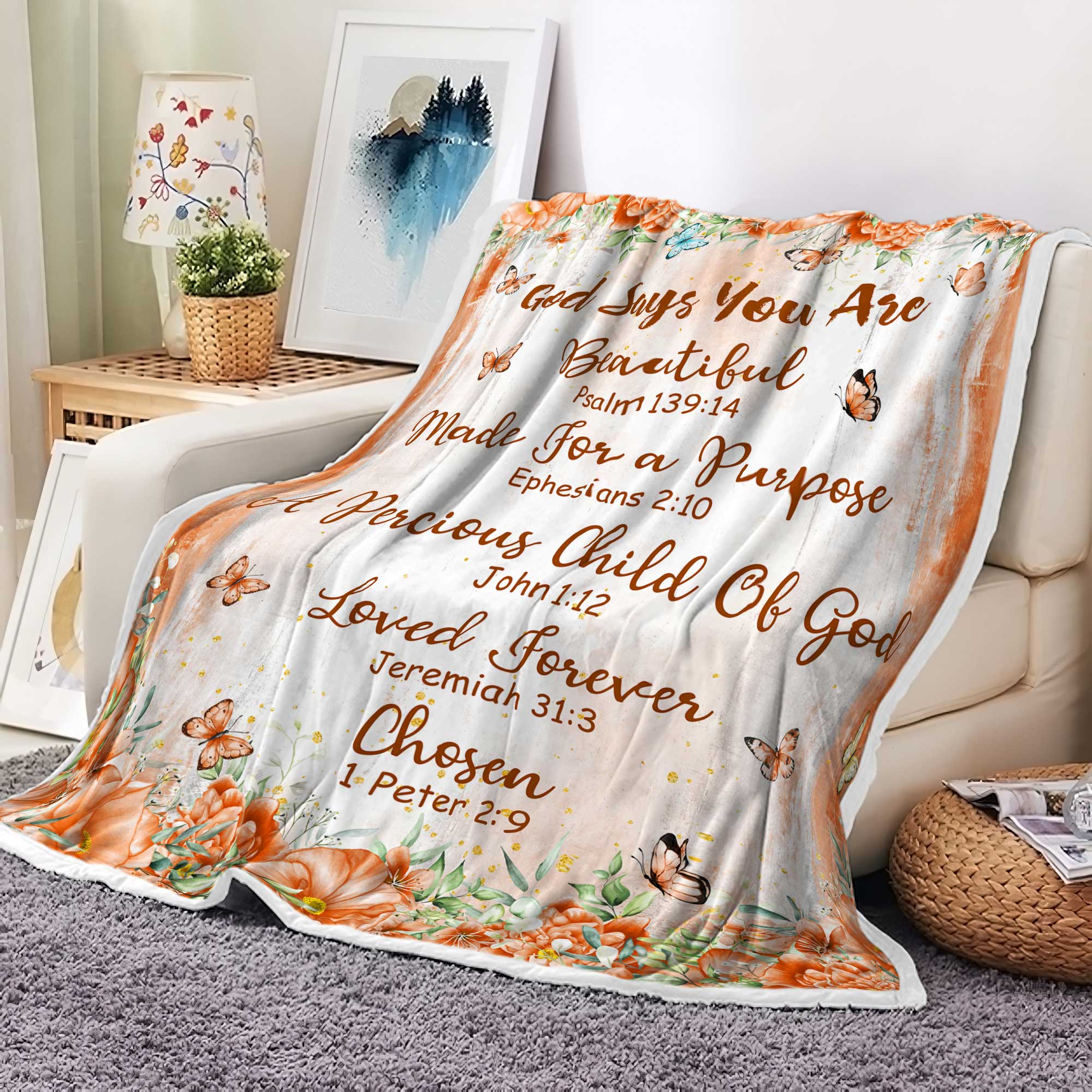 Christian Blanket for Women, Orange Floral Butterfly Inspirational ...