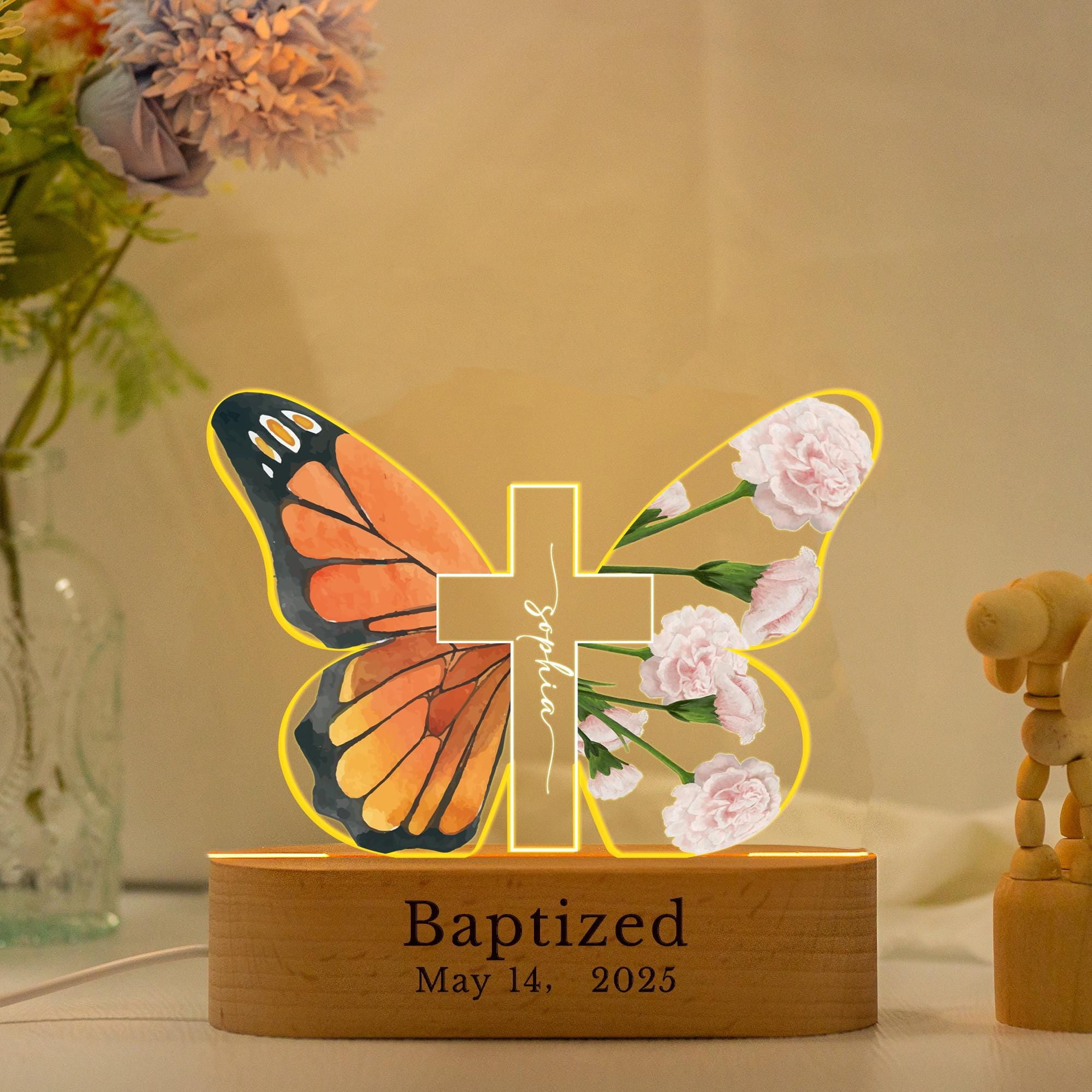Christian Butterfly Cross Custom Night Light Acrylic Board Wooden Base ...