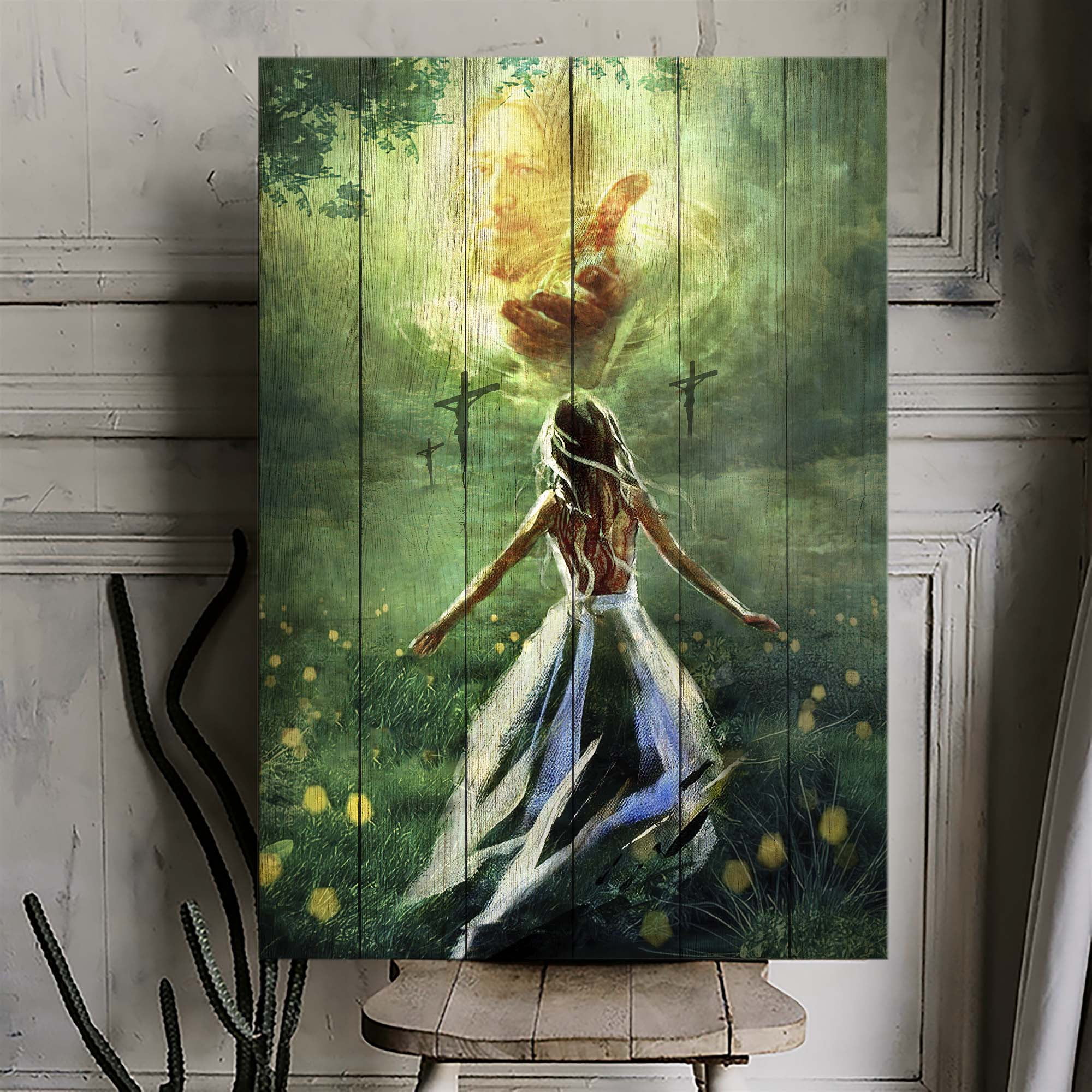 Christian Canvas Wall Art – Woman Running to Jesus – Cross and Divine ...