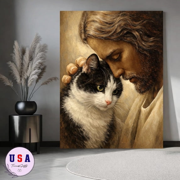 Christian Cat Lover Wall Art, Jesus With Tuxedo Cat, Religious Pet ...