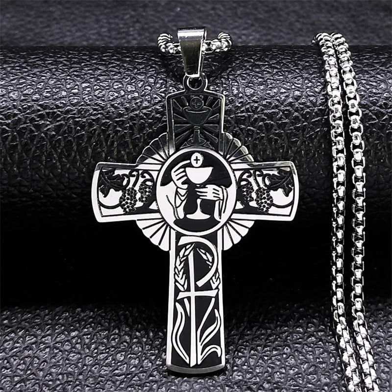 Christian Christ Eucharist Halo Grape Juice Cross Necklace 14K White ...
