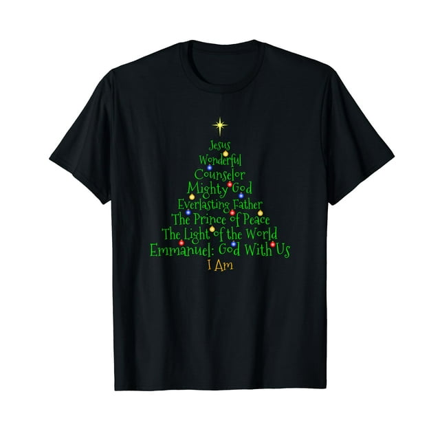 Christian Christmas Shirts Bible Names of Jesus Tree Shaped Black T ...