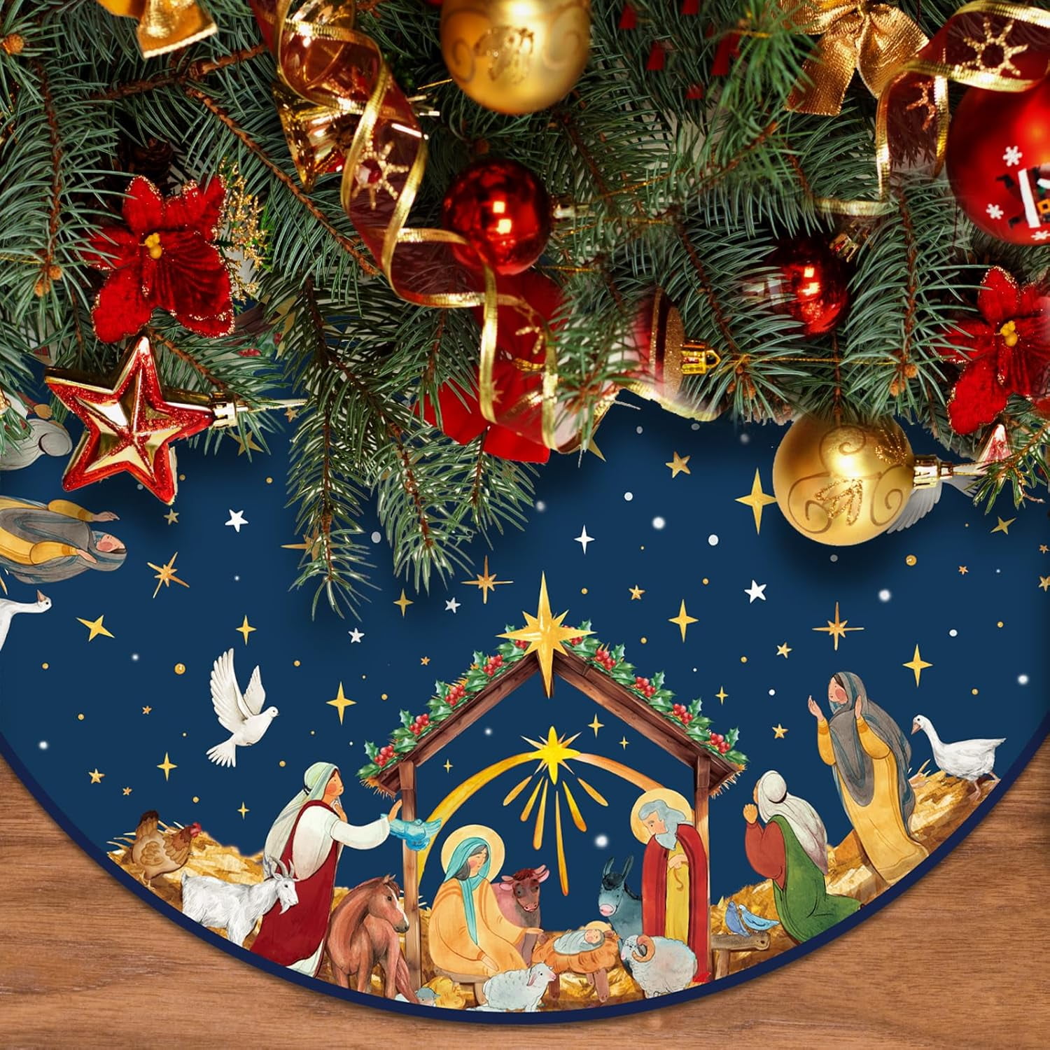 Christian Christmas Tree Skirt Religious Jesus Nativity Scene Xmas Tree ...