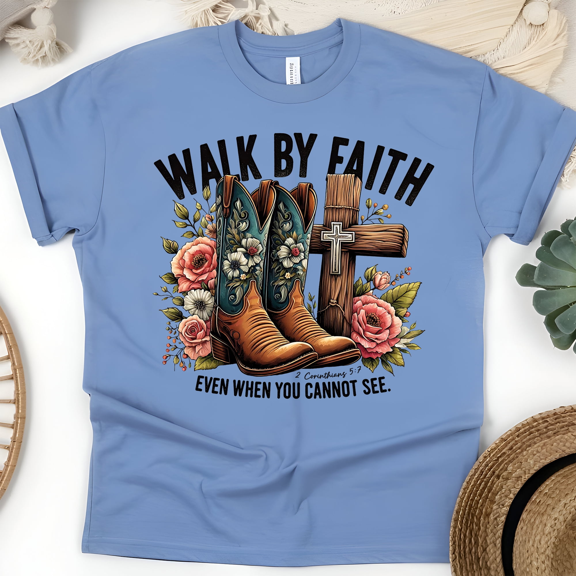 Christian Cowboy Boots Graphic T-Shirt Walk by Faith 2 Corinthians 5:7 ...