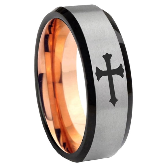 Christian Cross 8MM Beveled Edge Gray And Rose Gold Tungsten Ring ...