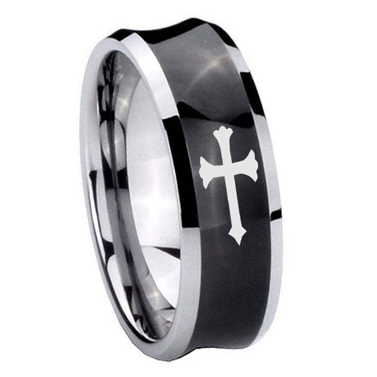 Christian Cross 8MM Concave Black Tungsten Men Ring - Walmart.com