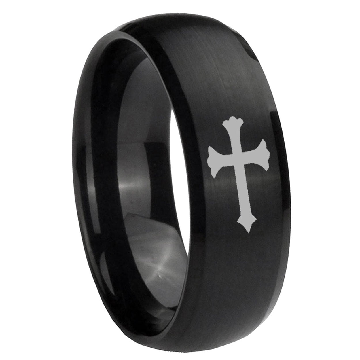 Christian Cross 8MM Dome Brush Black Polish Edge Tungsten Men Ring ...