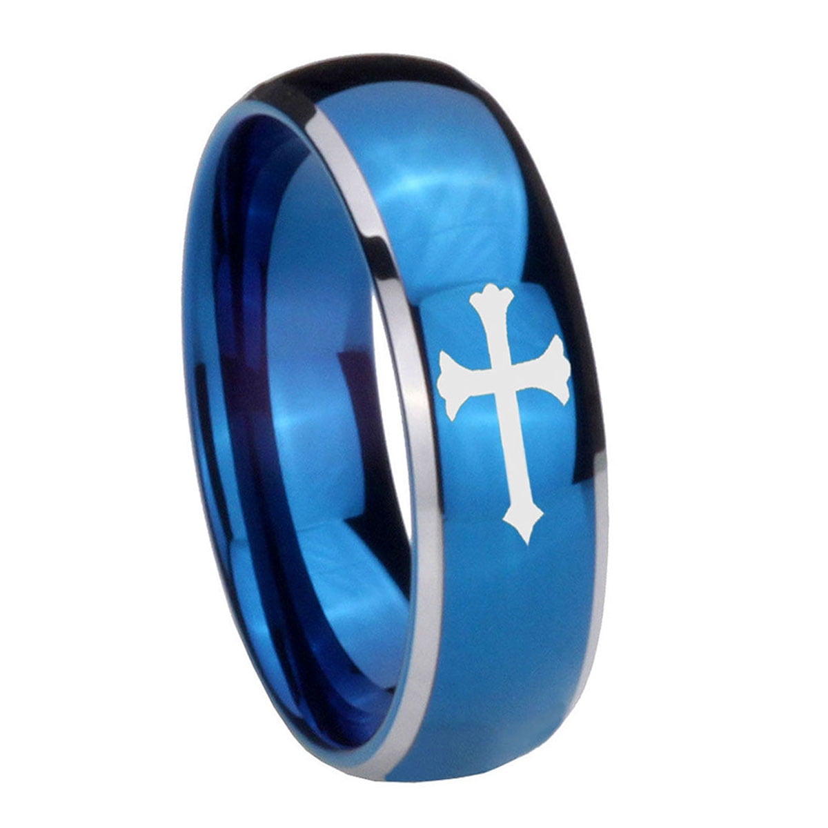 Christian Cross 8MM Polished Blue 2 Tone Dome Tungsten Men Ring ...