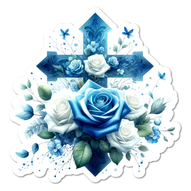 Christian Cross Blue Roses Sticker, Water Resistant, Laptop, Water ...