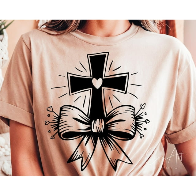 Christian Cross Coquette T-Shirt, Inspirational Faith Cross Graphic, Bible Verse Tee for Women ...