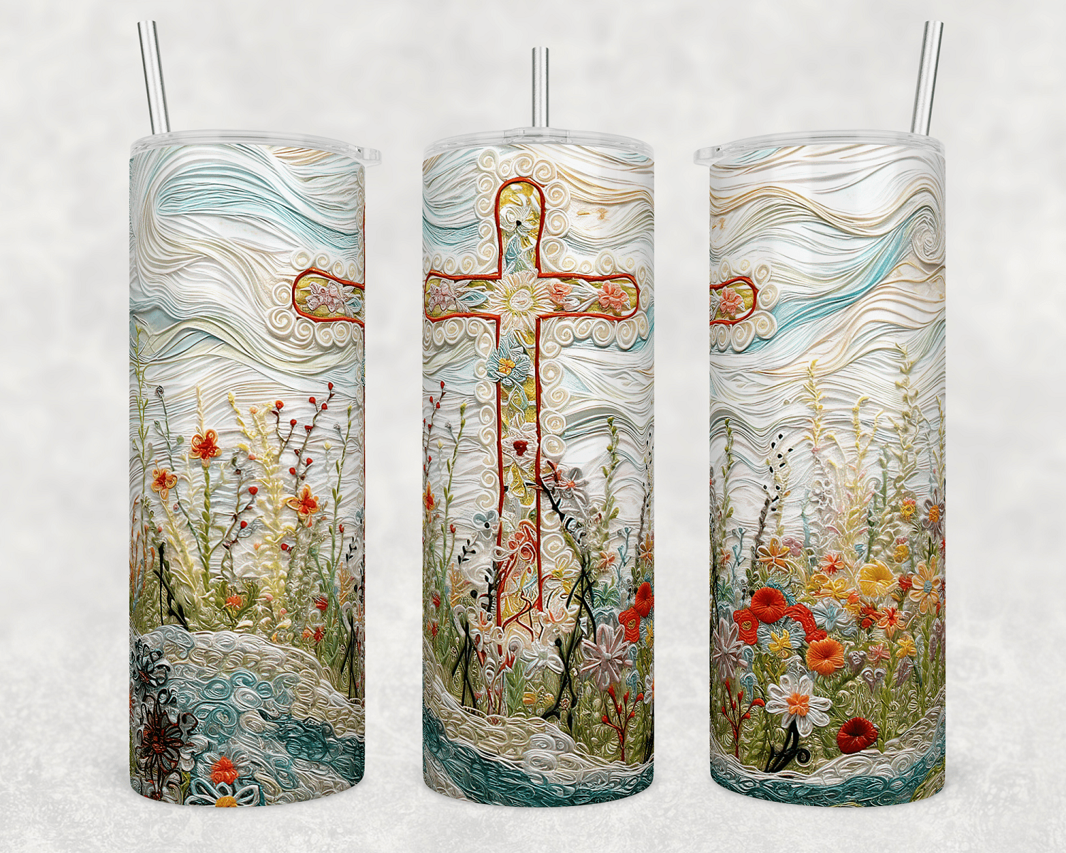 Christian Cross Embroidery Quill Look 20 Oz Skinny Metal Tumbler w/Lid ...