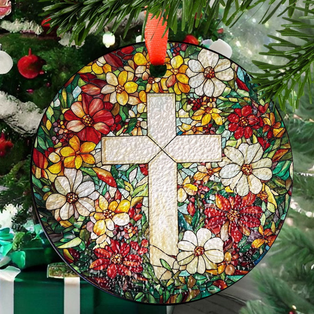 Christian Cross With Flower Stained Glass SunCatcher, Christian Stained ...