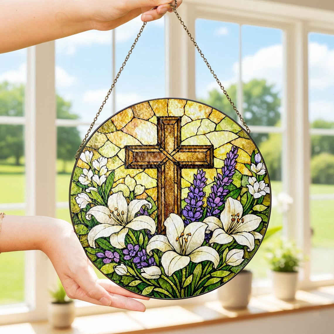 Christian Cross Glass Sucatcher, Christian Floral Glass Window Hanging ...