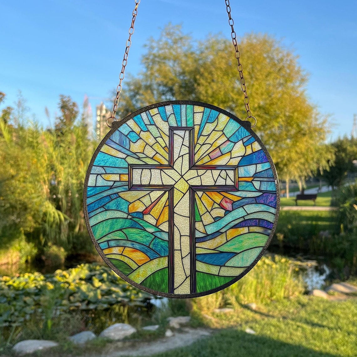 Christian Cross Glass Suncatcher v13, Bible Faith Window Art, Religious ...