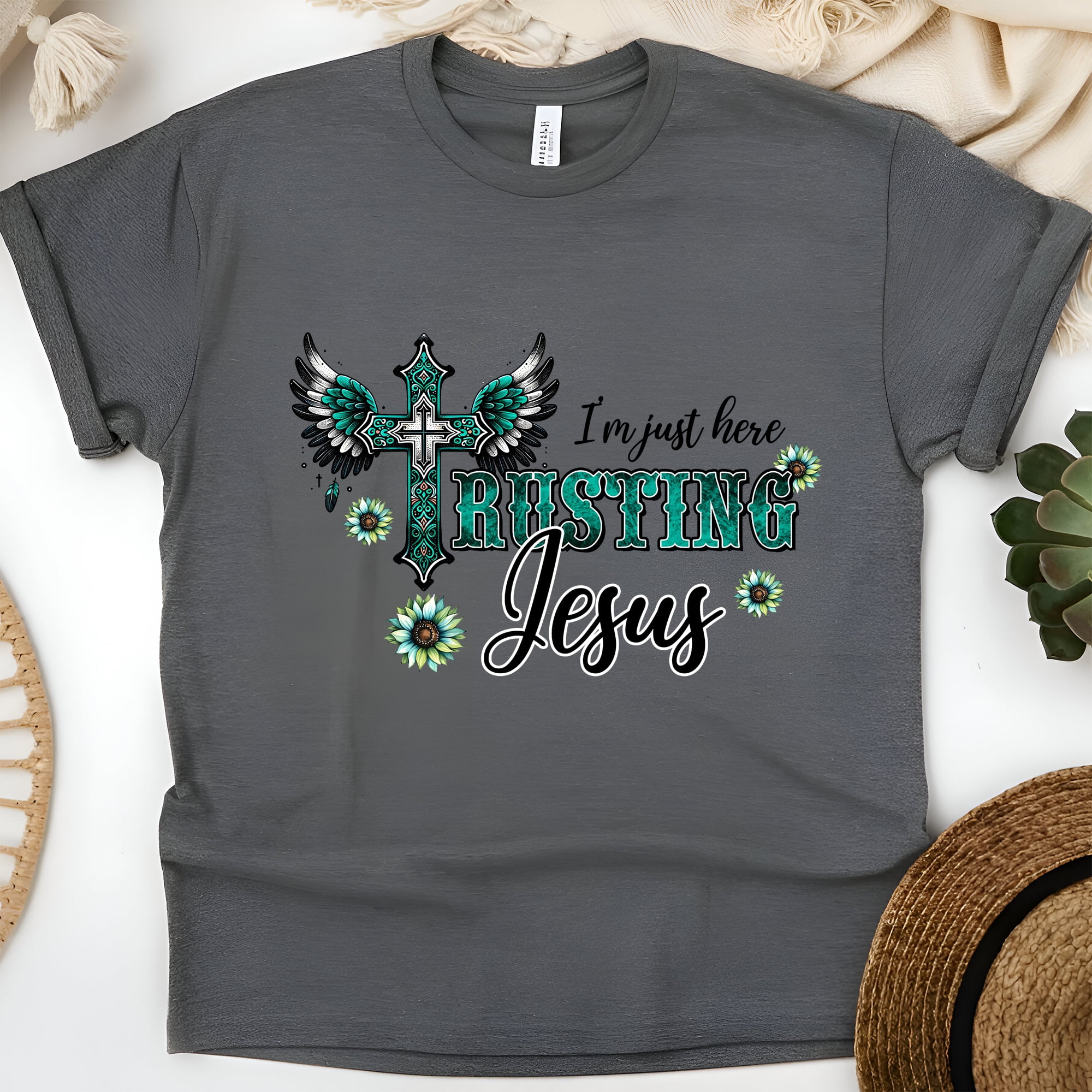 Christian Cross Graphic Tee “Trusting Jesus” T-Shirt, Dark Heather ...