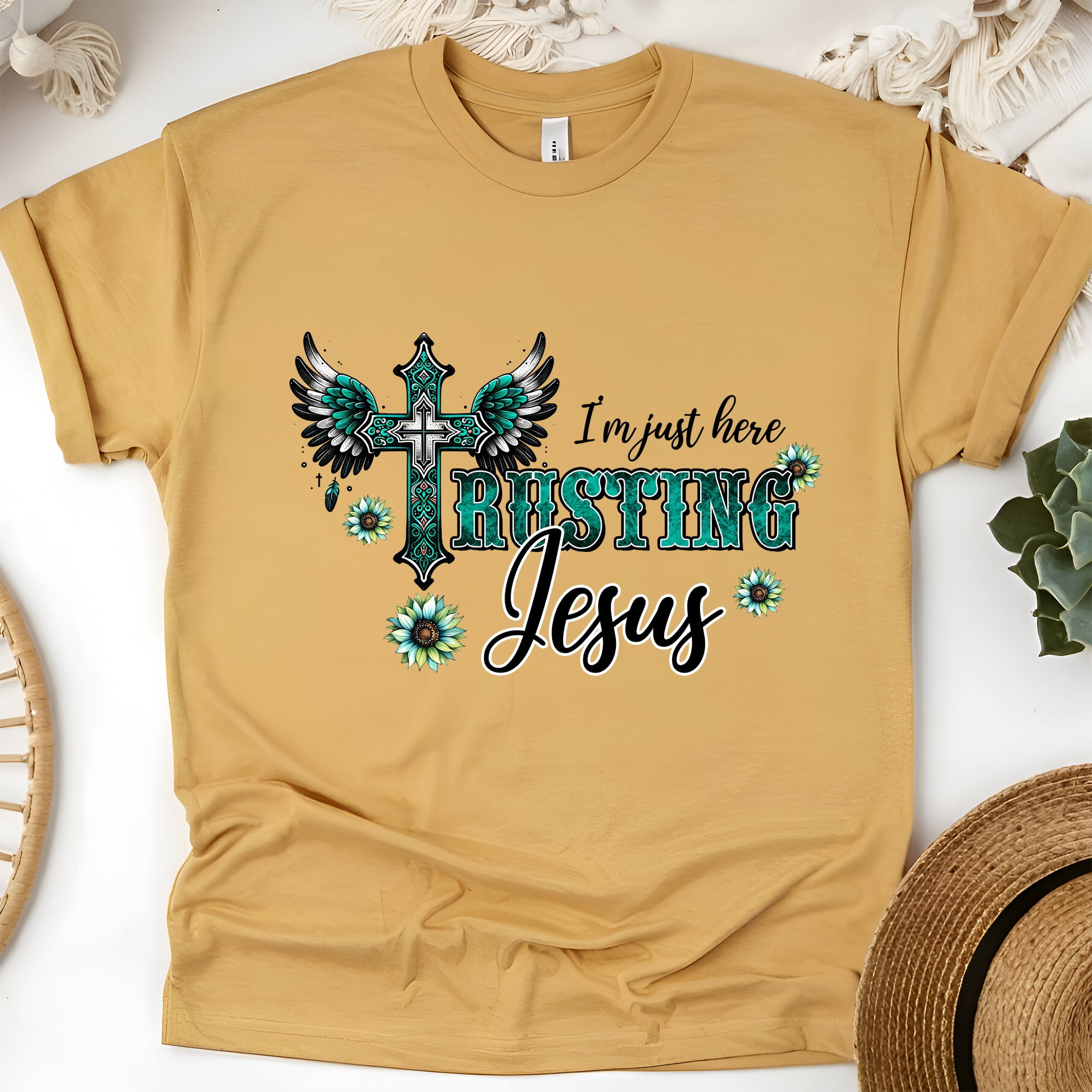 Christian Cross Graphic Tee “Trusting Jesus” T-Shirt, Gold, Size XL ...
