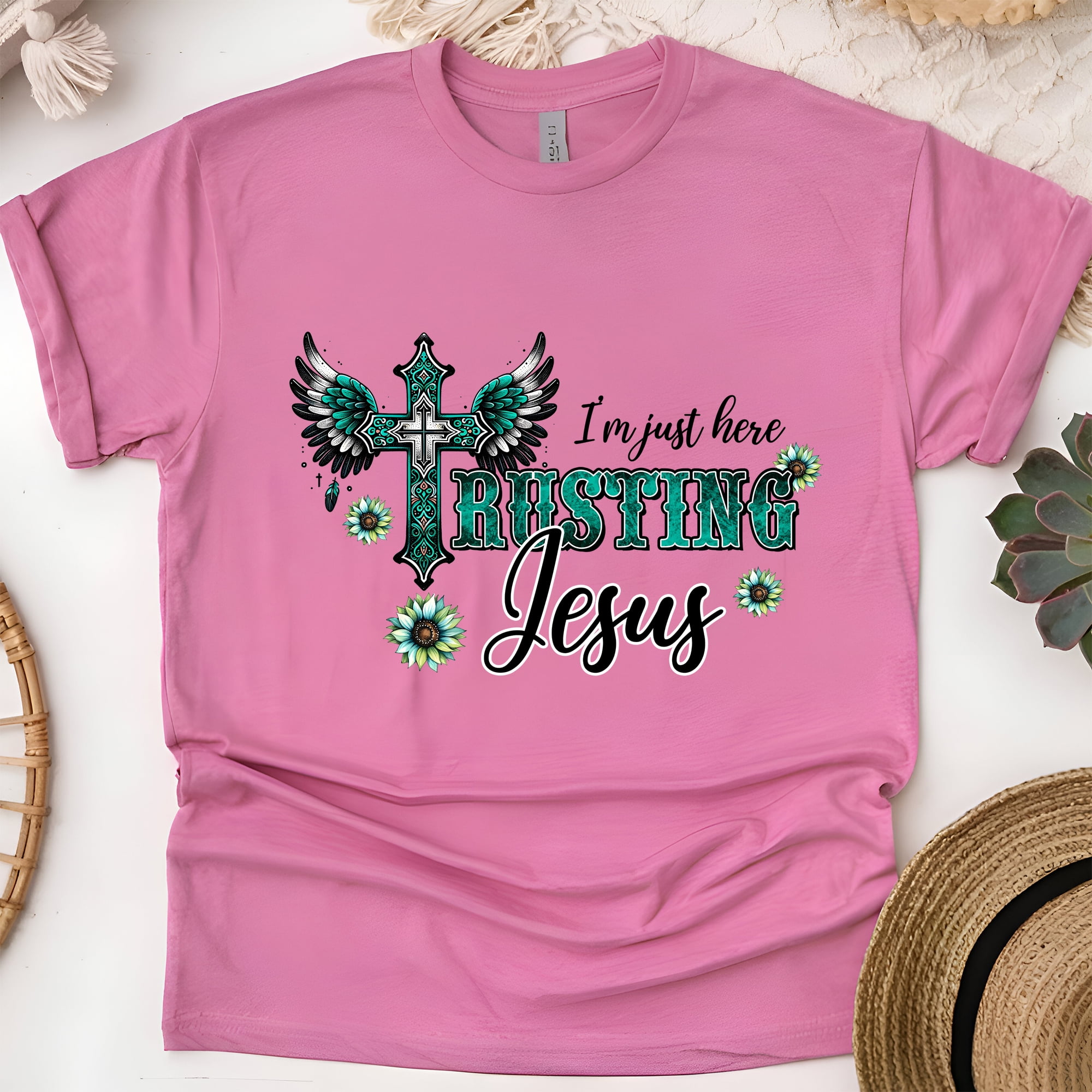 Christian Cross Graphic Tee “Trusting Jesus” T-Shirt, Heliconia, Size ...