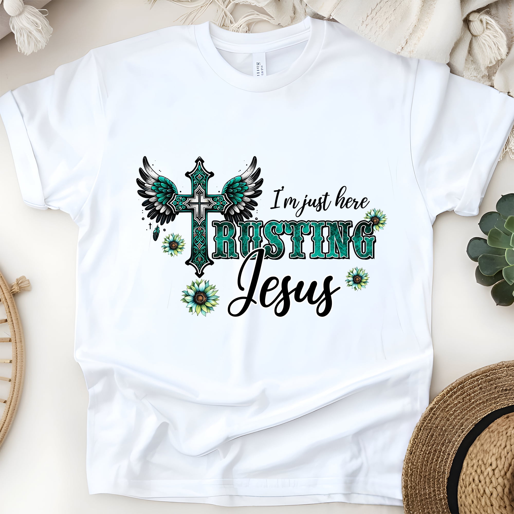 Christian Cross Graphic Tee “Trusting Jesus” T-Shirt, White, Size L ...
