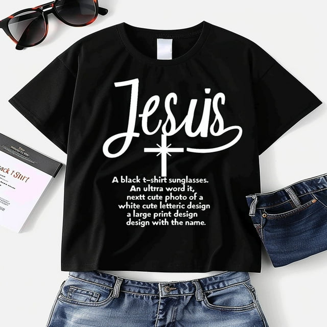 Christian Cross Graphic Tee With Jesus Symbol Stylish Black Shirt For