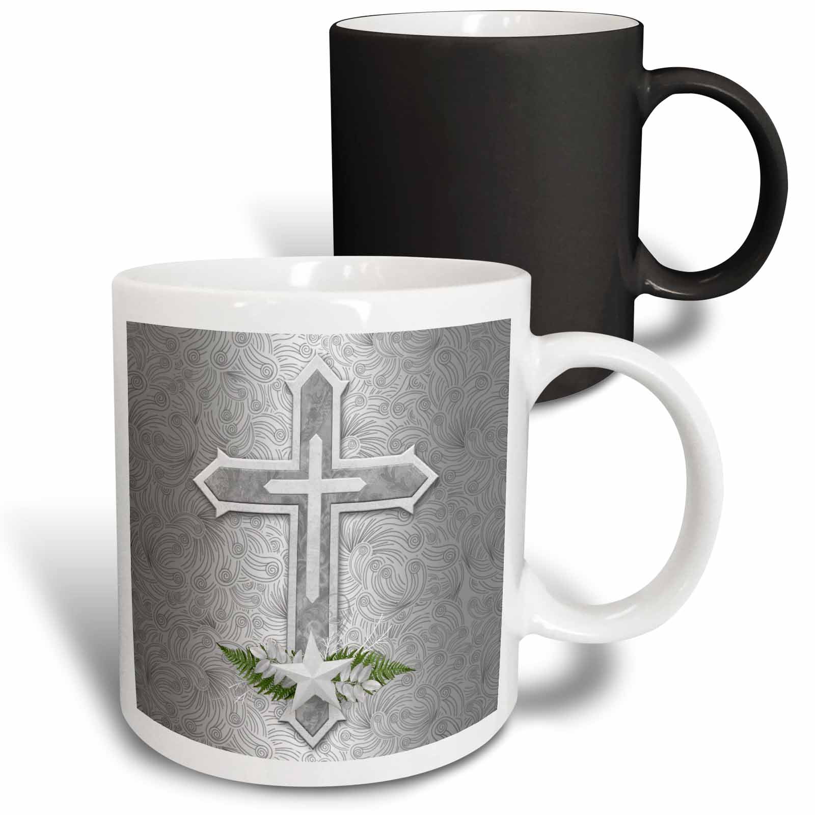 3drose, Christian Cross in Silver and White with Star and Fern Leaves ...