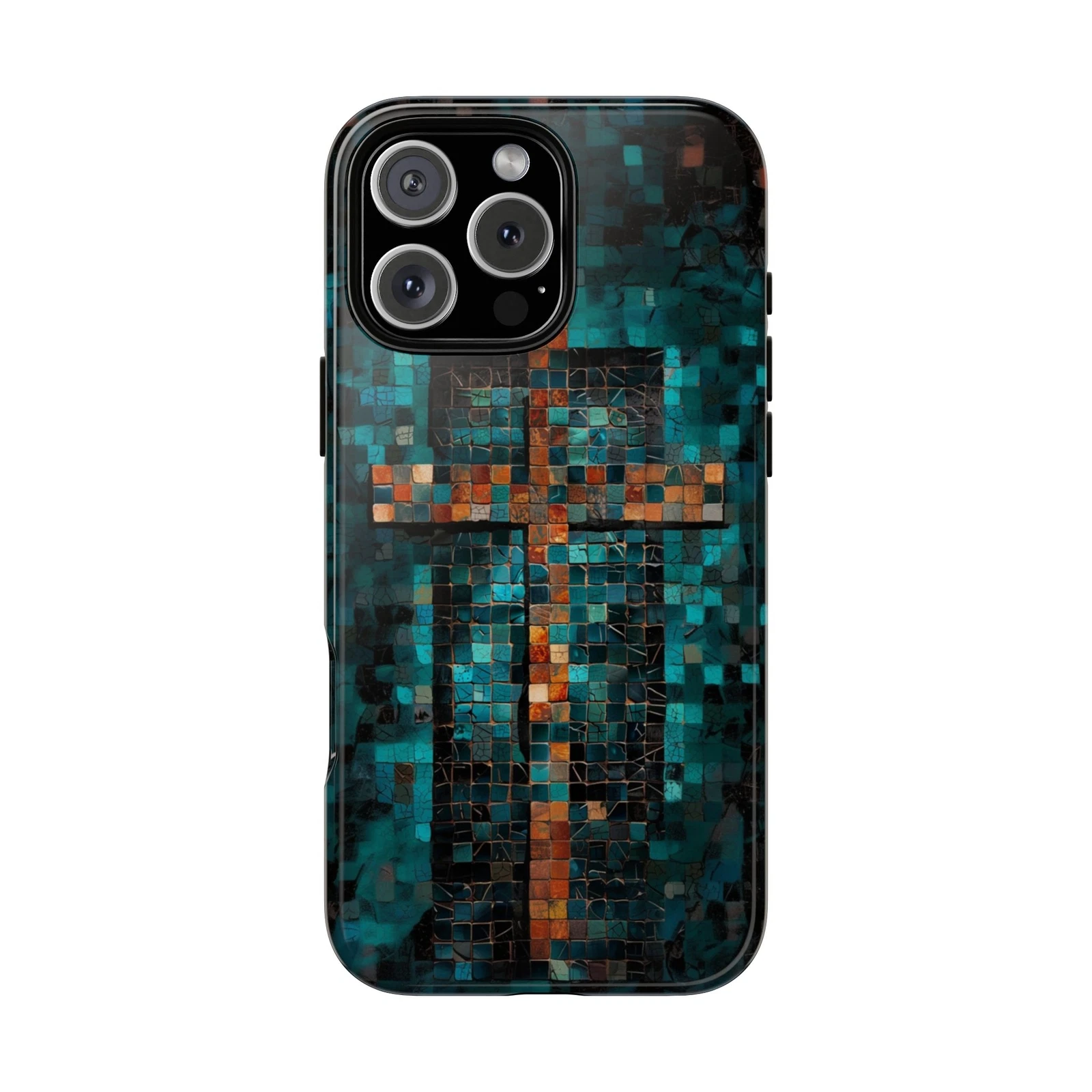 Christian Cross Mosaic Teal Design Phone Case for iPhone 11 to 17 ...