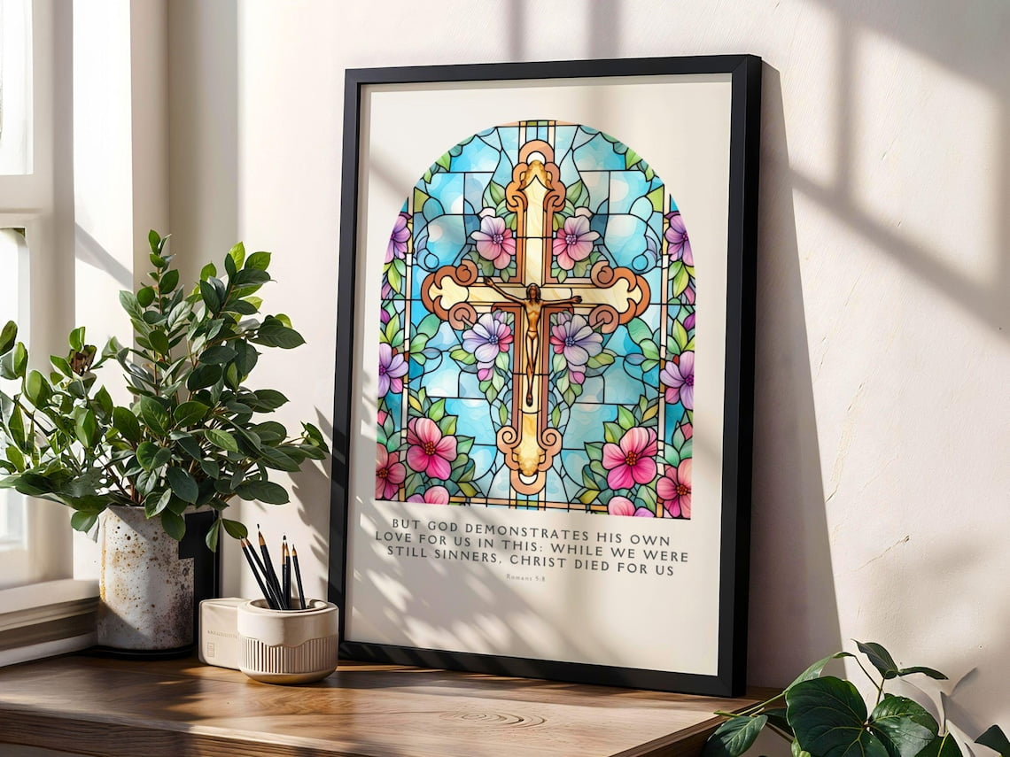 Christian Cross Poster Floral Scripture Wall Art Inspired by Romans 5:8 ...