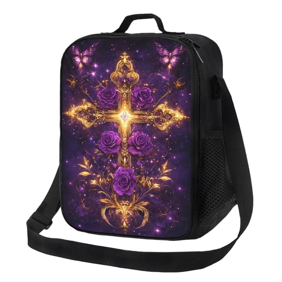Christian Cross Purple Rose Butterfly Lunch Bag Insulated Thermal Box ...