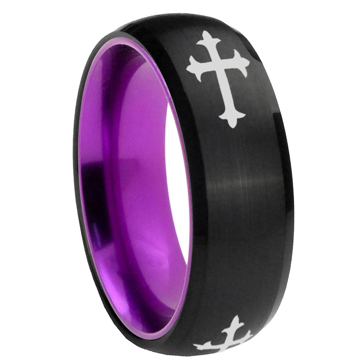 Christian Cross Religious 8MM Dome Black And Purple Tungsten Men Ring ...