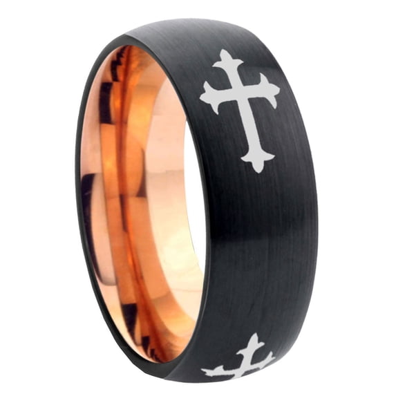 Christian Cross Religious 8MM Dome Black And Rose Gold Tungsten Wedding ...