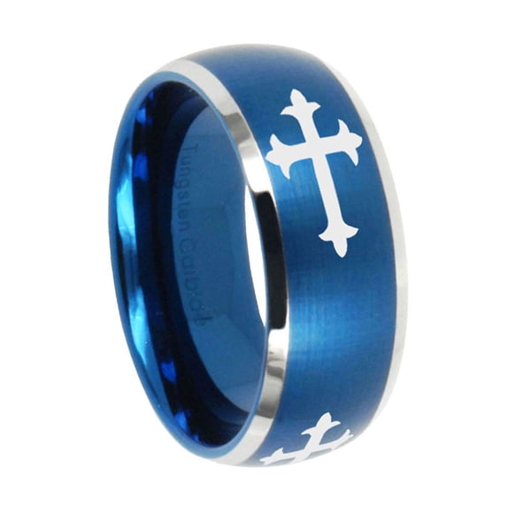 Christian Cross Religious 8MM Dome Brushed Finish Blue Tungsten Men ...