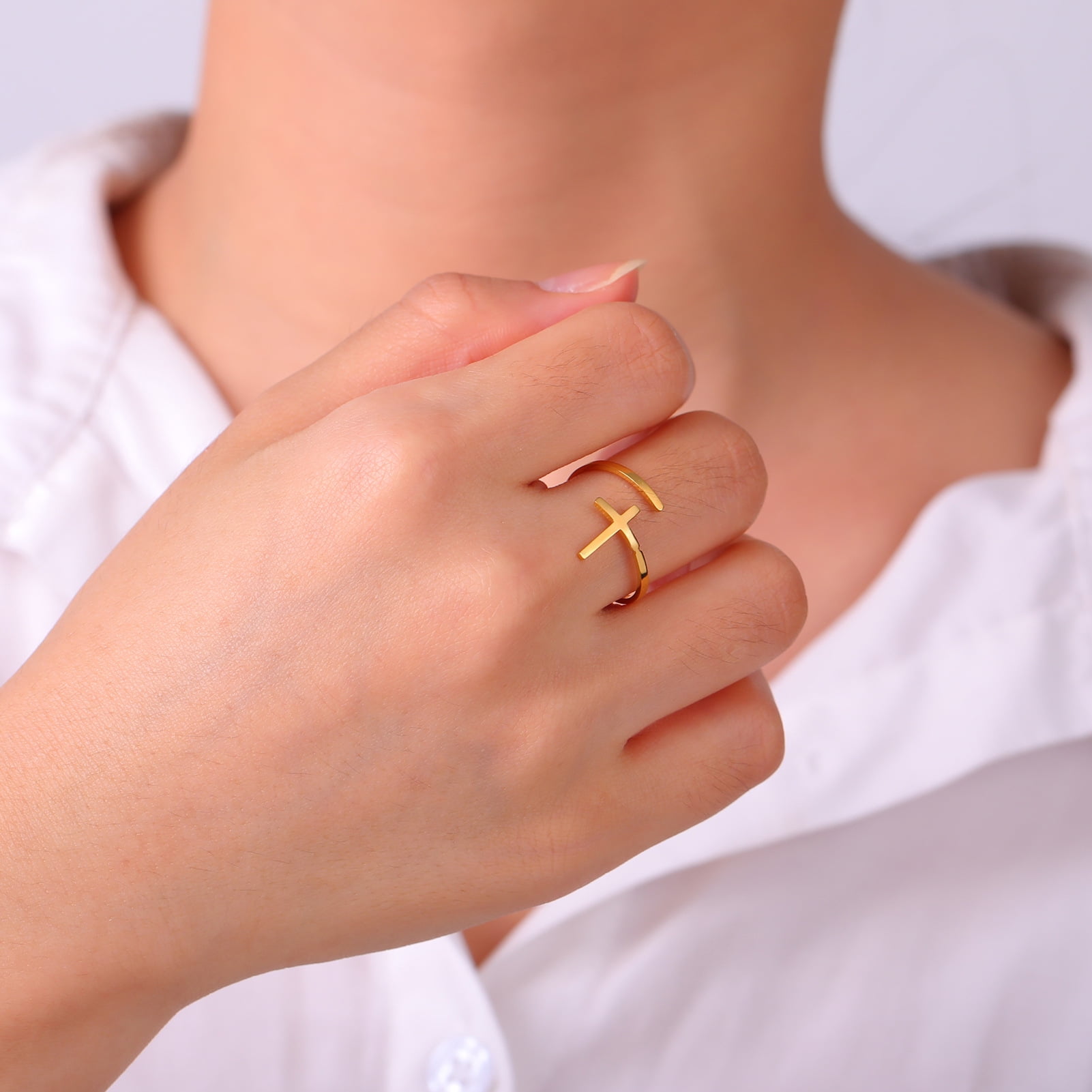 Christian Cross Ring for Women 14K Yellow Gold Adjustable Geometric ...