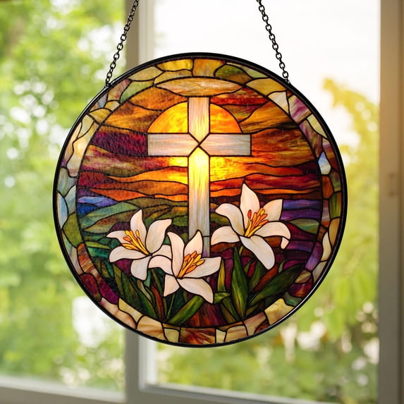 Christian Cross Stained Glass Suncatcher Easter Lily Window Hanging ...