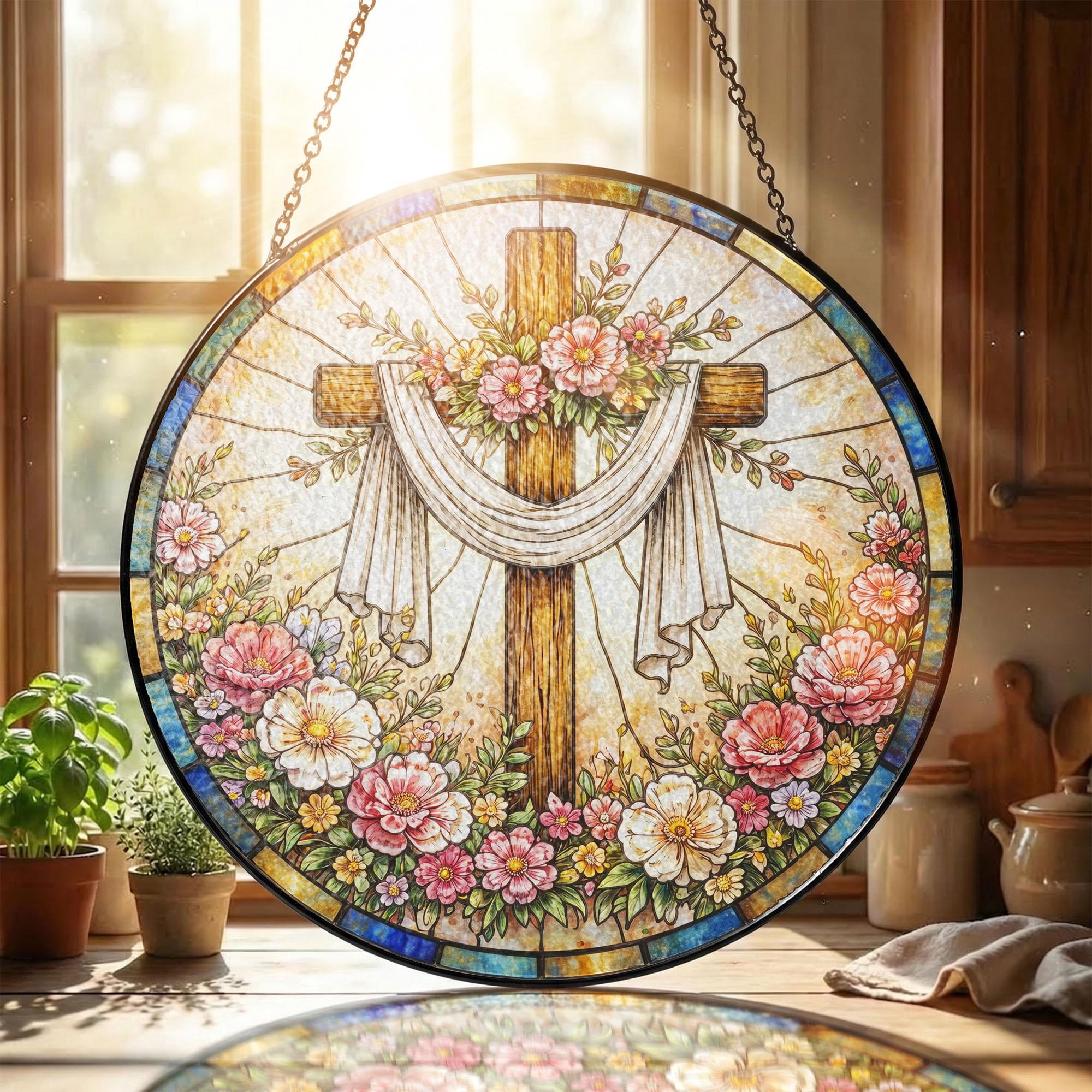Christian Cross Stained Glass Suncatcher, Floral Wildflower Window Art ...