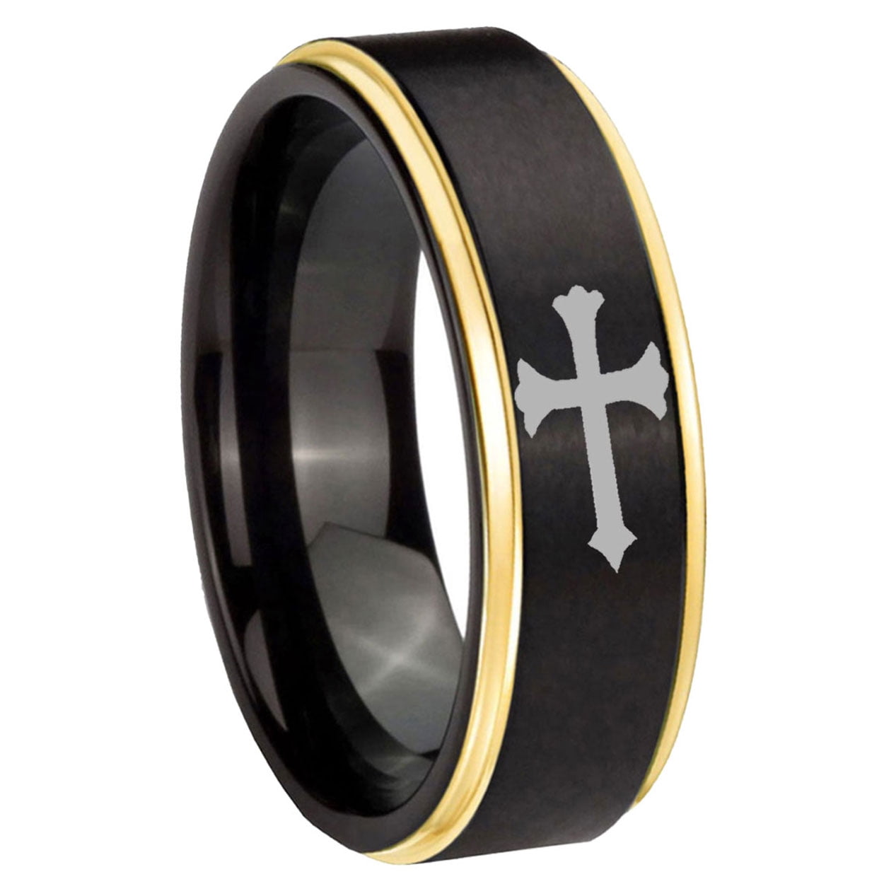 Christian Cross Step Edge Black And Gold Tungsten Ring 10MM - Walmart.com