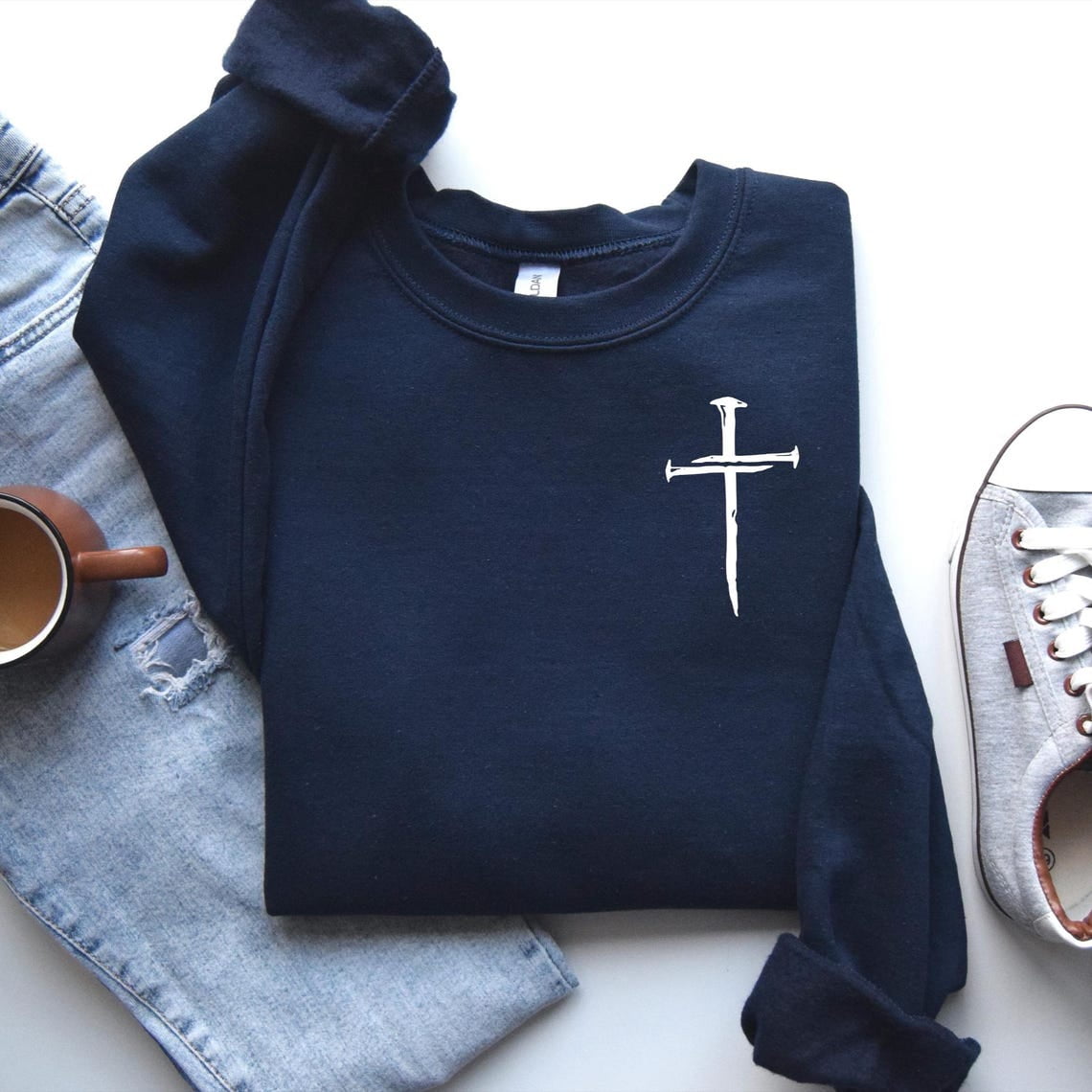 Christian Cross Sweatshirt: Minimal Nail Cross Design, Faith Crewneck ...
