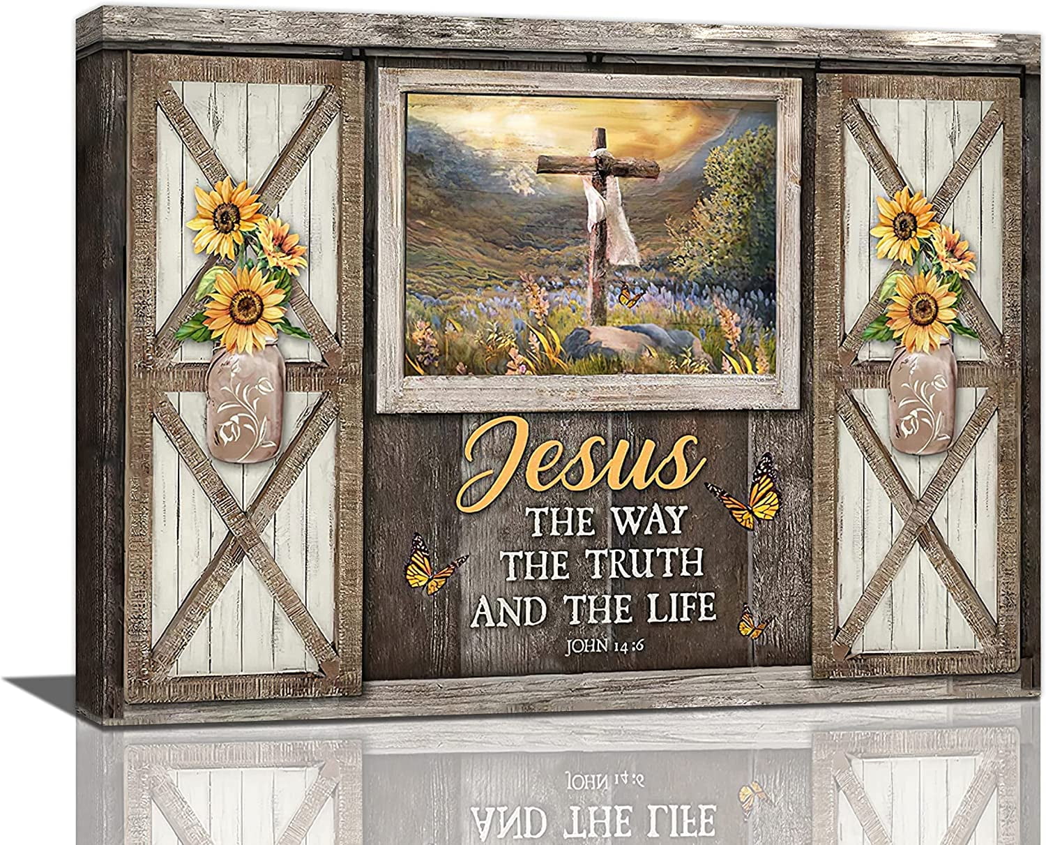 Christian Cross Wall Art Rustic Window Sunflower Religious Canvas Wall ...