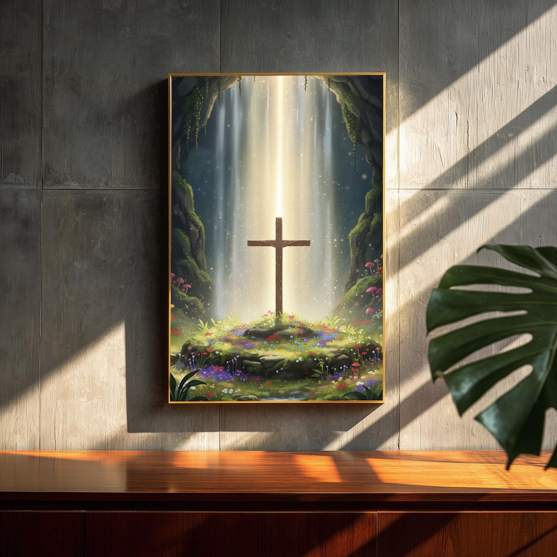 Christian Cross Wall Art With Waterfall Light And Flowers Peaceful ...