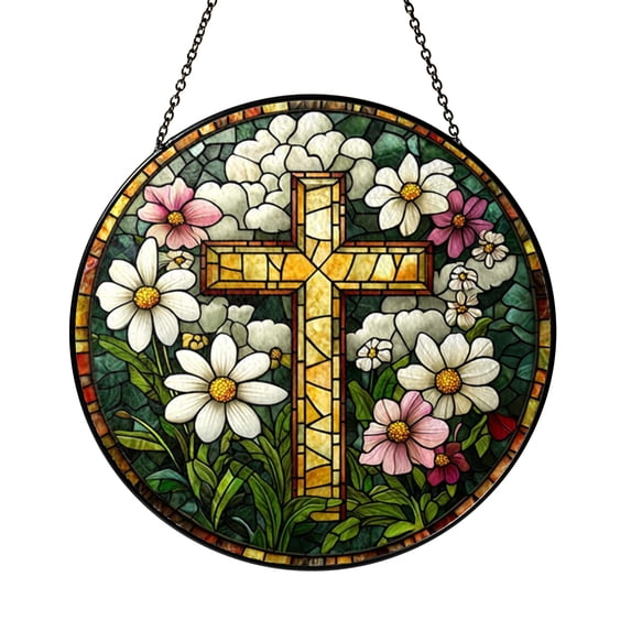 Christian Cross Wildflower Stained Glass Suncatcher Window Decor ...