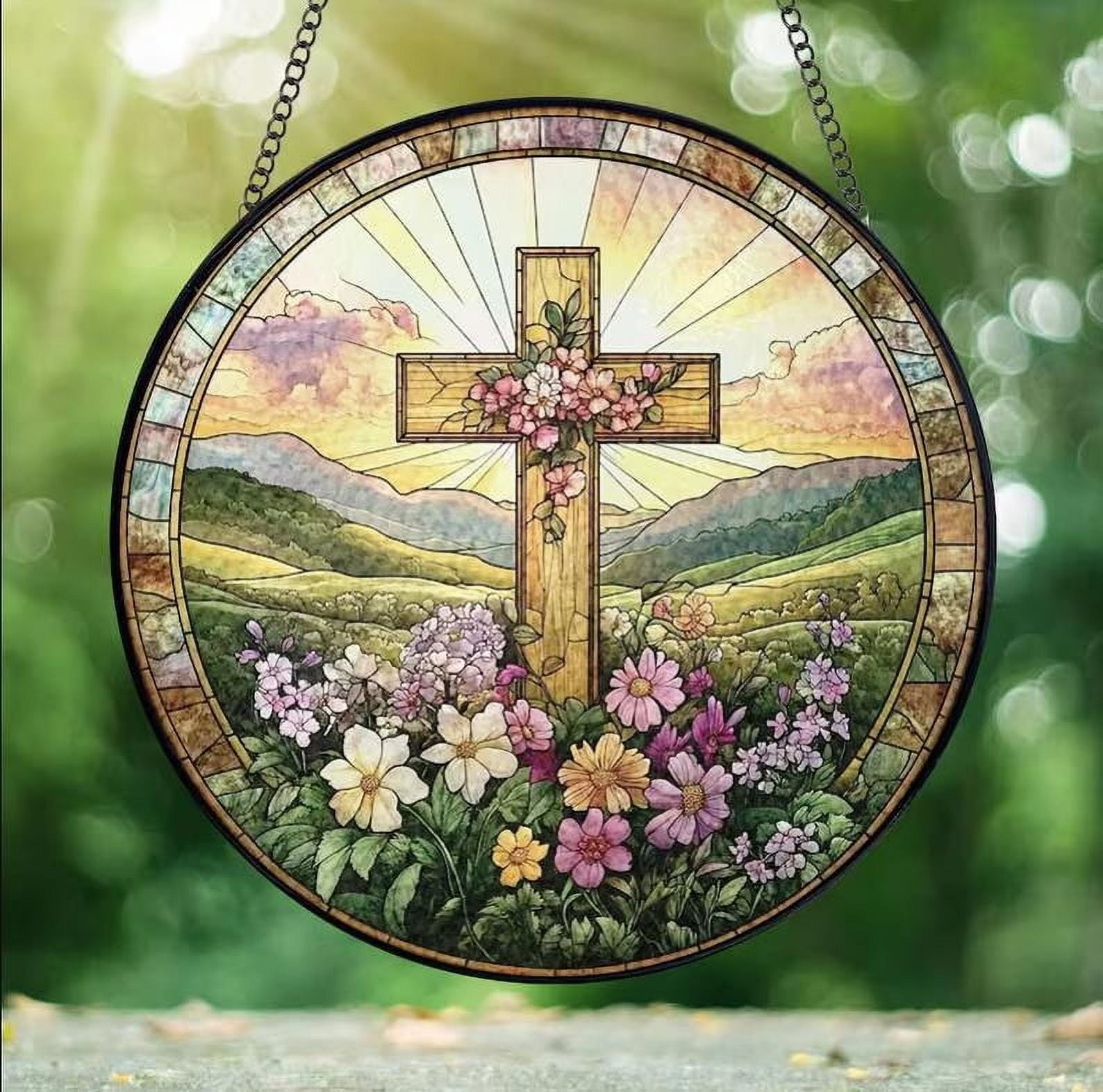 Christian Cross Wildflowers Stained Glass Suncatcher, Christian Faith ...