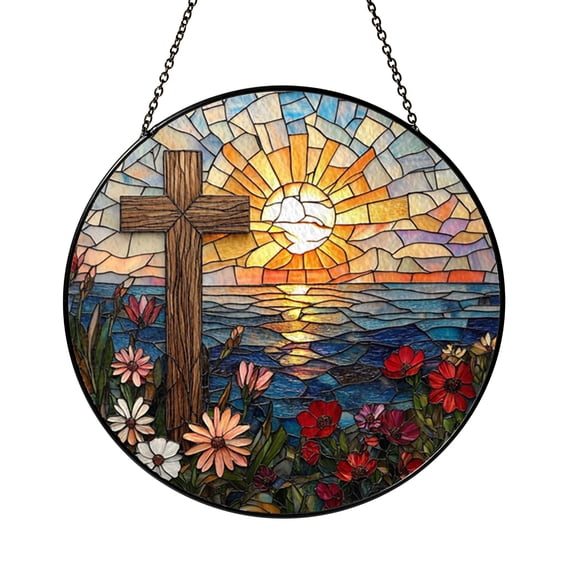 Christian Cross Window Glass Suncatcher Ornament, Soft Wildflower Light ...