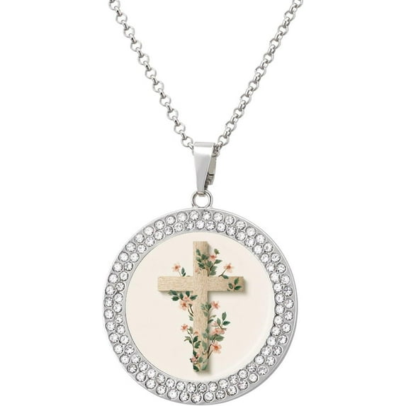 Christian Cross in Soft Beige Wood Texture Round Pendant Necklace Silver Jewelry for Women[w932 ...